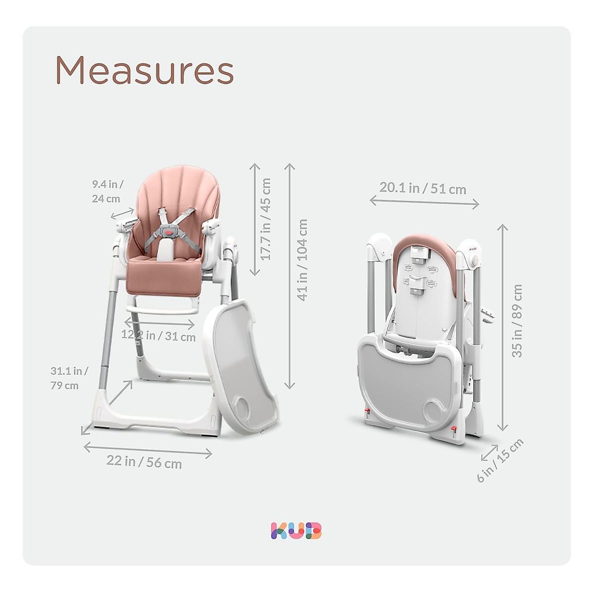 KÜB 3-in-1 Foldable Baby High Chair | 7 Height & 4 Recline Adjustable | Removable Seat & Tray for Easy Clean | 2 Locking Wheels | Multifunctional Infant Highchair for Babies Toddlers Girl (Pink)