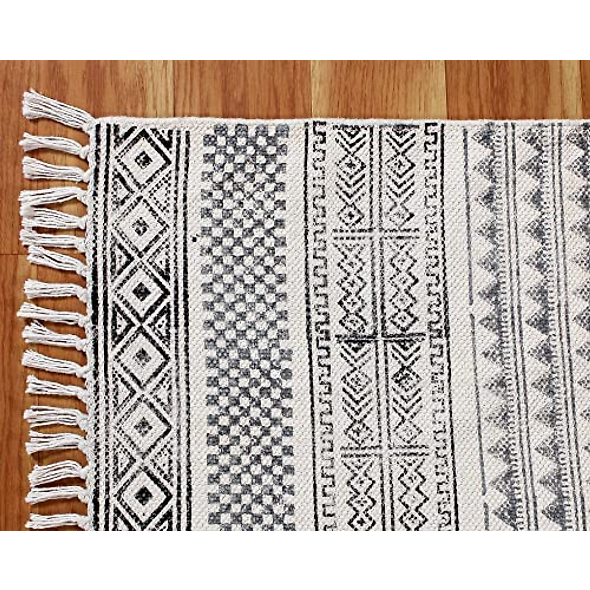 Casavani Hand Block Printed Tassels Throw Rugs Brown, Black Geometric Area Rug Doormat Floor Rug Indoor Area Rugs for Bedroom Living Room Laundry Room 3x10 Feet Runner