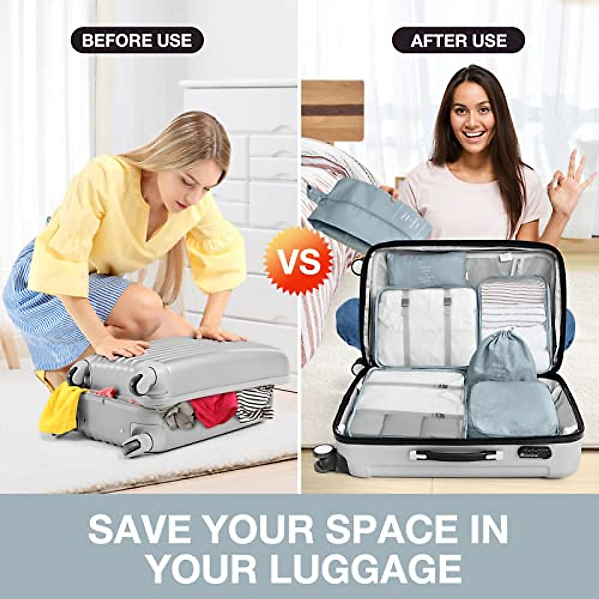 8 Pack Luggage Packing Organizers Packing Cubes Waterproof Suitcase Organizer Bags Travel Packing Organizers (Gray)