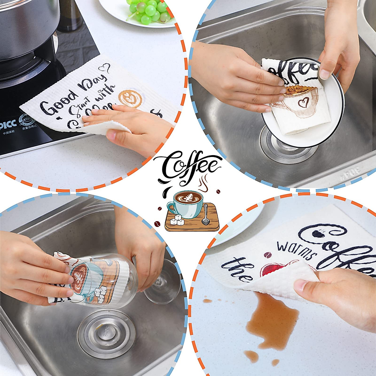 6 Pieces Mixed Swedish Kitchen Coffee Dishcloths Reusable Absorbent Cleaning Cloth Quick Drying Washable Cleaning Wipes No Odor Dish Cloths for Kitchen Bathroom Office Wedding Housewarming