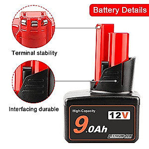AMICROSS 12V Battery 9.0Ah Compatible with M12 Milwaukee 48-11-2440 48-11-2412 48-11-2460 48-11-2411 48-11-2420 48-11-2401 48-11-2402 48-11-2401 12-Volt M12 Cordless Tools 2-Pack