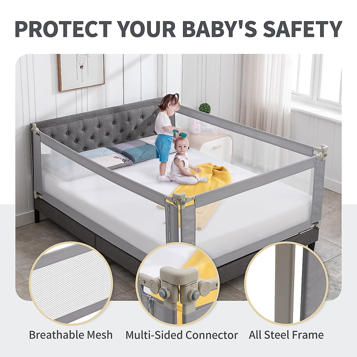 wanan Bed Rail for Toddlers, 3 Pack Extra Long Baby Bed Rail Guard for Kids, All-Round Sturdy Baby Bed Fence, Infants Bed Guardrail, Fit Queen King Mattress, 79 x 79 x 77 (Gray Without Pattern, King)
