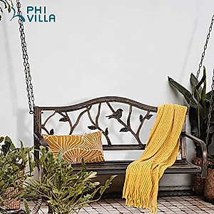 PHI VILLA Outdoor Metal Porch Swing, Outdoor Steel Hanging Swing Chair Patio Bench Swing with Sturdy Chains & Bird Pattern Backrest, 450lbs Weight Capacity for Porch, Deck-Bronze