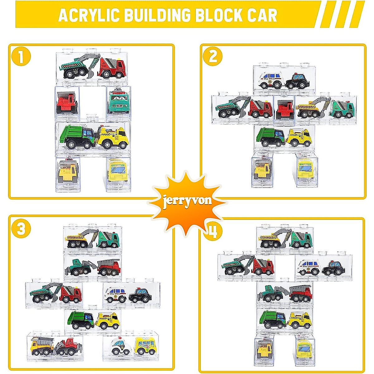 jerryvon 14 Mini Cars & 7 Acrylic Display Boxes Construction Pull Back Vehicle Toys for 3 4 5 Year Old Toddlers Boys Kids Trucks Tractor Bulldozer Party Favors Supplies Birthday Gift