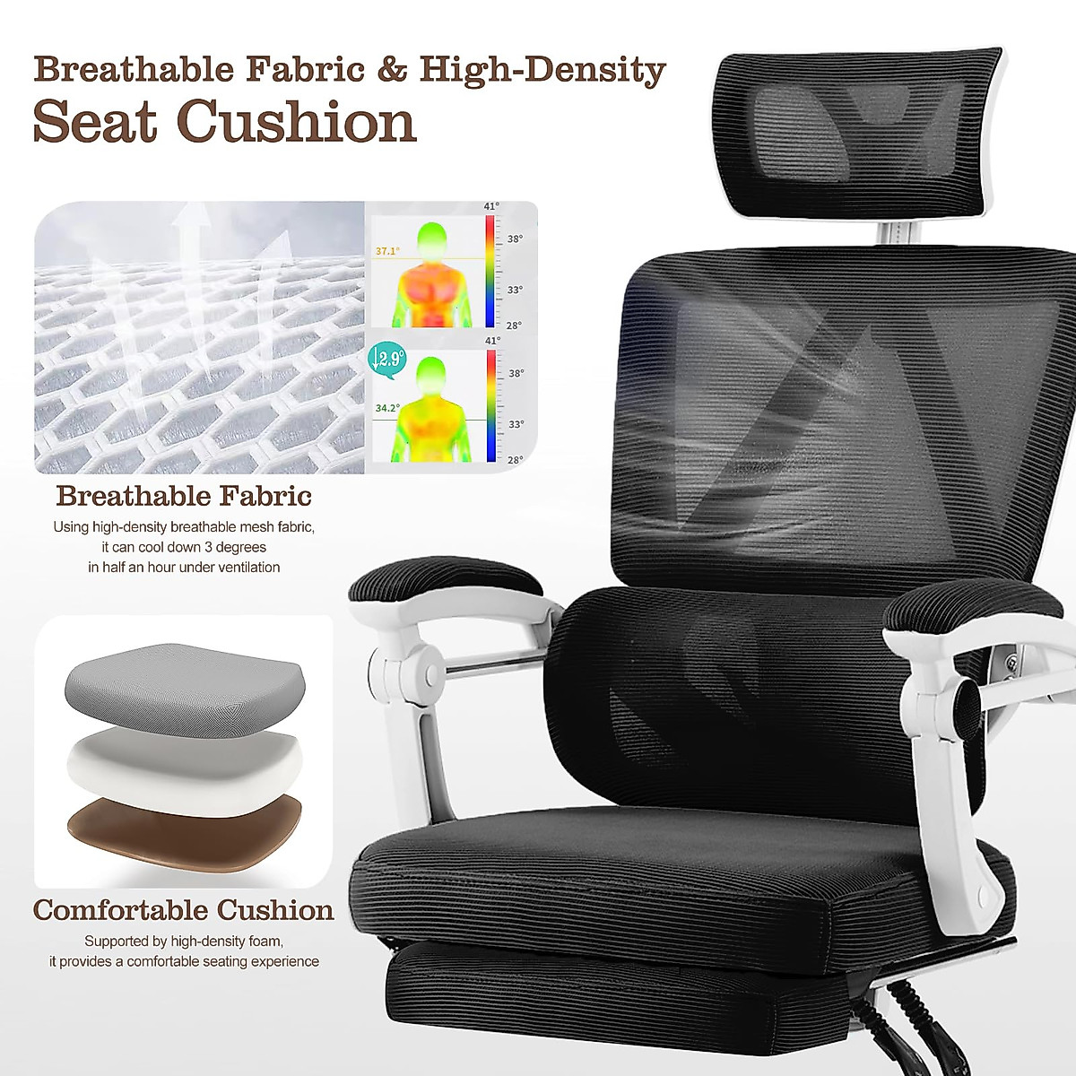 XUEGW Ergonomic Office Chair High Back Mesh Desk Chair with Lumbar Support and Adjustable Headrest Computer Gaming Chair Executive Swivel Chair for Home Office