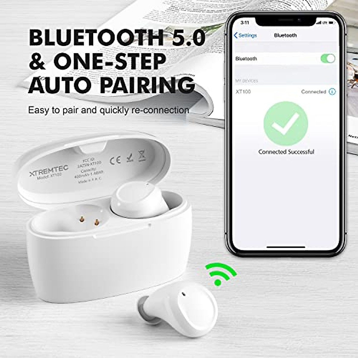XTREMTEC True Wireless Earbuds Bluetooth Earbuds Noise Cancelling Bluetooth Headphones for iPhone/Android Small Earbuds with Mic Waterproof Cordless in-Ear Earphones Deep Bass Sound Headsets (White)