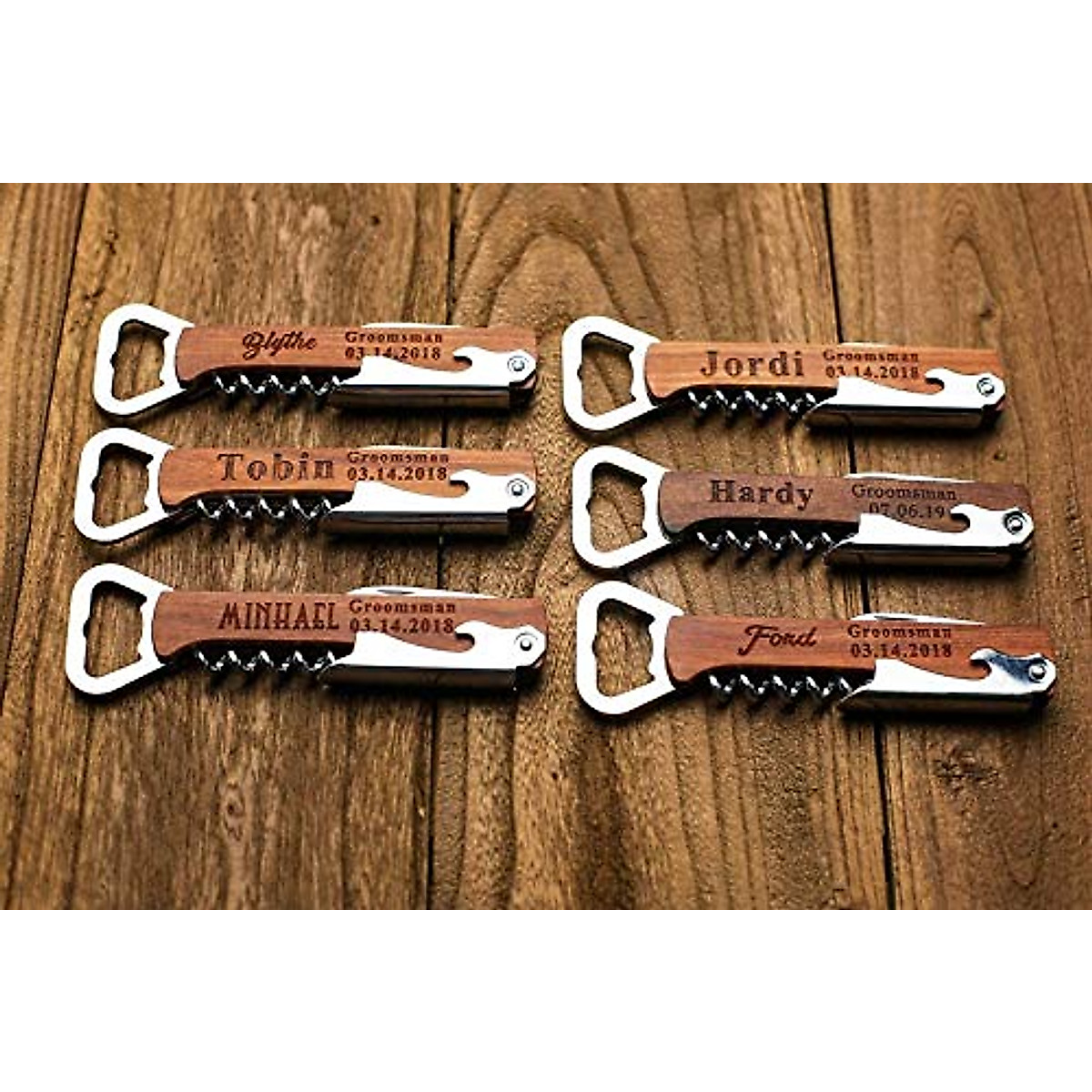 Akubi Engraved Wood Wine Corkscrew Bottle Opener Multi Function Cutter Personalized Groomsmen Bridesmaid Wedding Party Gifts Opener with Knife wood opener