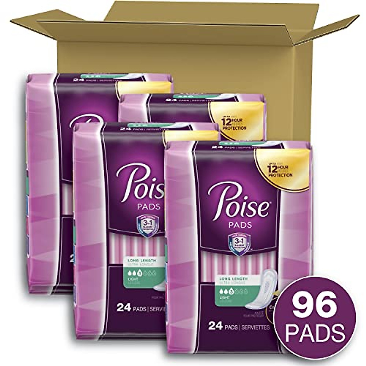 Poise Incontinence Pads for Women, Light Absorbency, Long Length, 96 Count (4 Packs of 24) (Packaging May Vary)