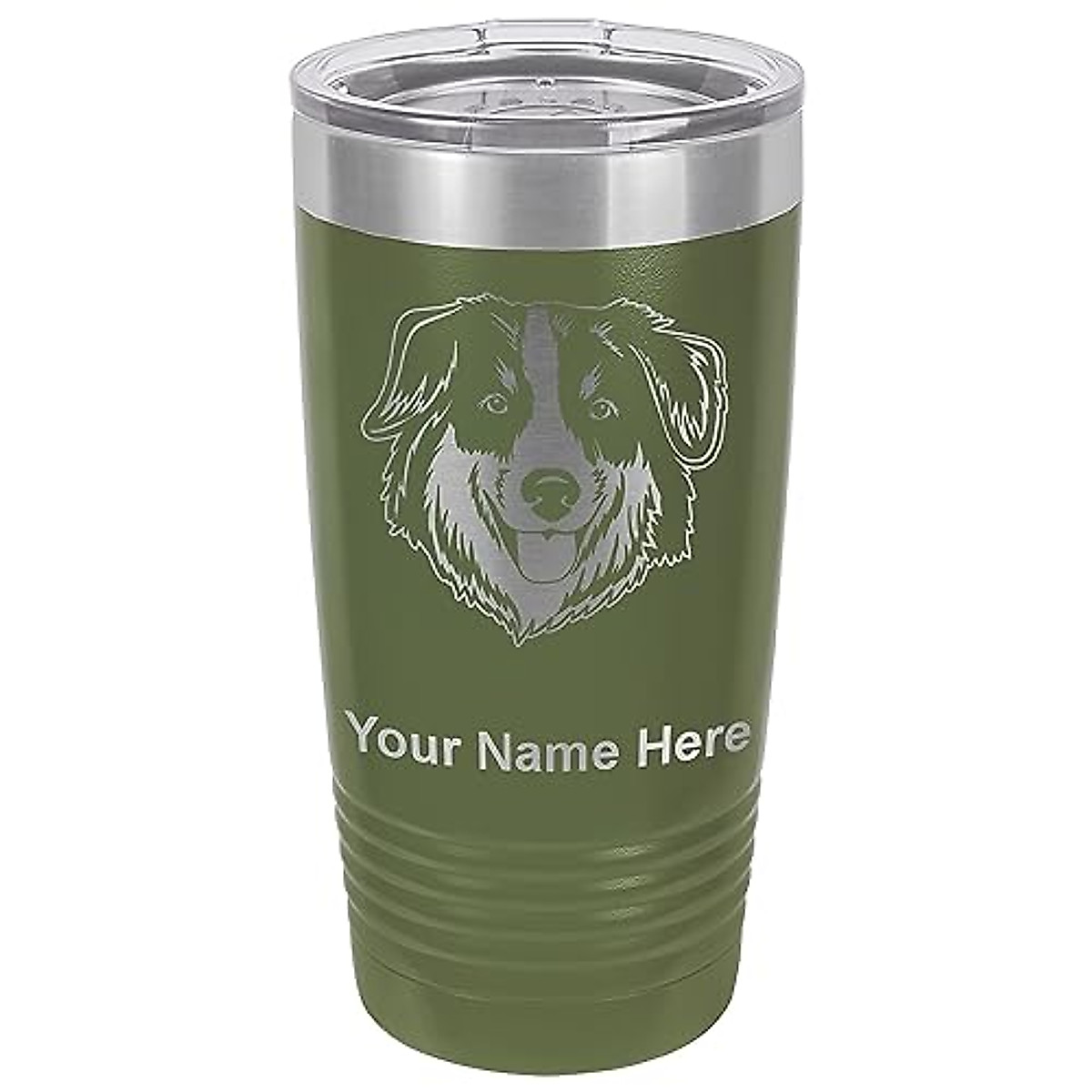 LaserGram 20oz Vacuum Insulated Tumbler Mug, Australian Shepherd, Personalized Engraving Included (Camo Green)