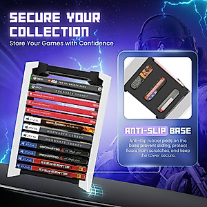 TNP Universal Video Game Storage Tower for PS5, PS4, PS3, Nintendo Switch, Xbox One, Xbox Series S/X - White Video Game Holder Organizer Stand with 12 CD Case Storage for Organizing & Displaying