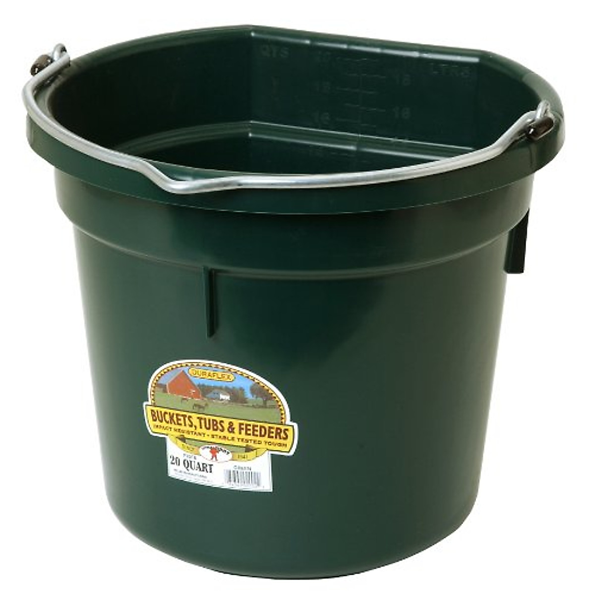 Little Giant® Flat Back Plastic Animal Feed Bucket | Animal Feed Bucket with Metal Handle | Horse Feed & Water Bucket | 20 Quarts | Green