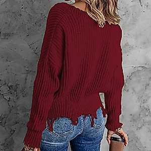 Womens V Neck Knit Sweater Long Sleeve Ripped Pullover Loose Fit Warm Knitted Jumper Crop Tops Sweaters Wine