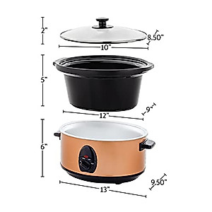 OVENTE Electric Slow Cooker with 3.7 Qt Ceramic Pot and 3 Cooking Settings, Dishwasher-Safe Stoneware, Tempered Glass Lid, Portable Multicooker Perfect for Soups Sauces Stews & Dips, Copper SLO35ACO1