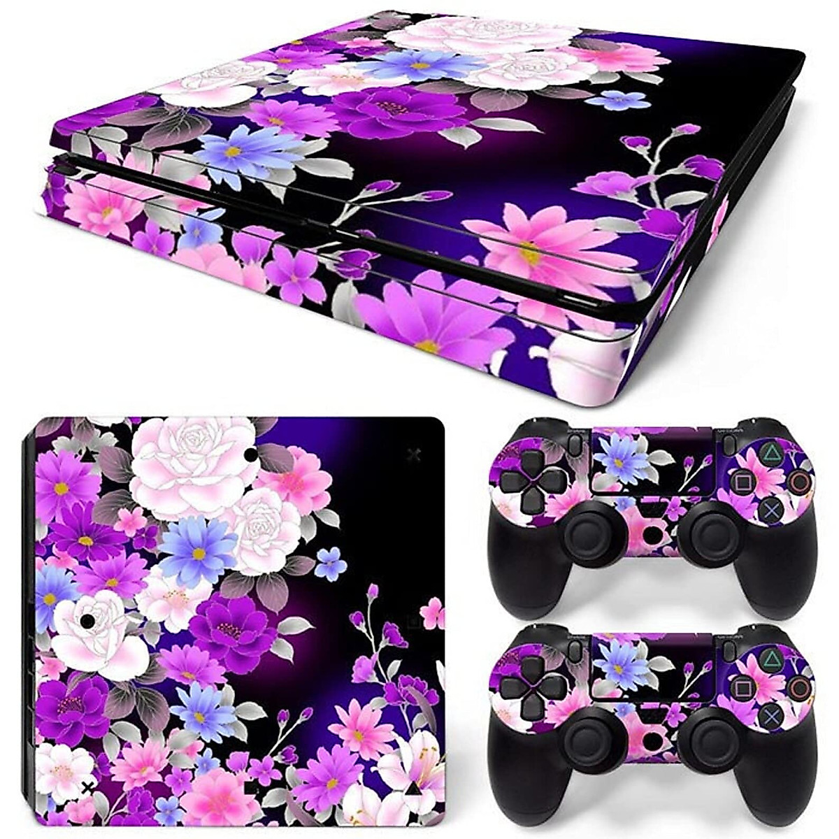 ZOOMHITSKINS Compatible with PS4 Slim Skin, Light Color Flowers Spring Floral Blue, Durable & Fit, 3M Vinyl, Made in The USA