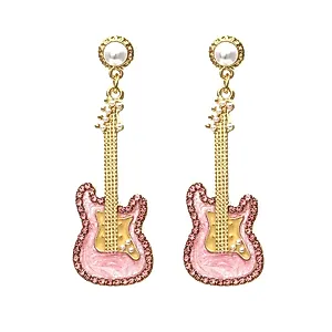 Hand Jeweled Guitar Earrings for Women, Teens, Stainless Steel, No Gemstone