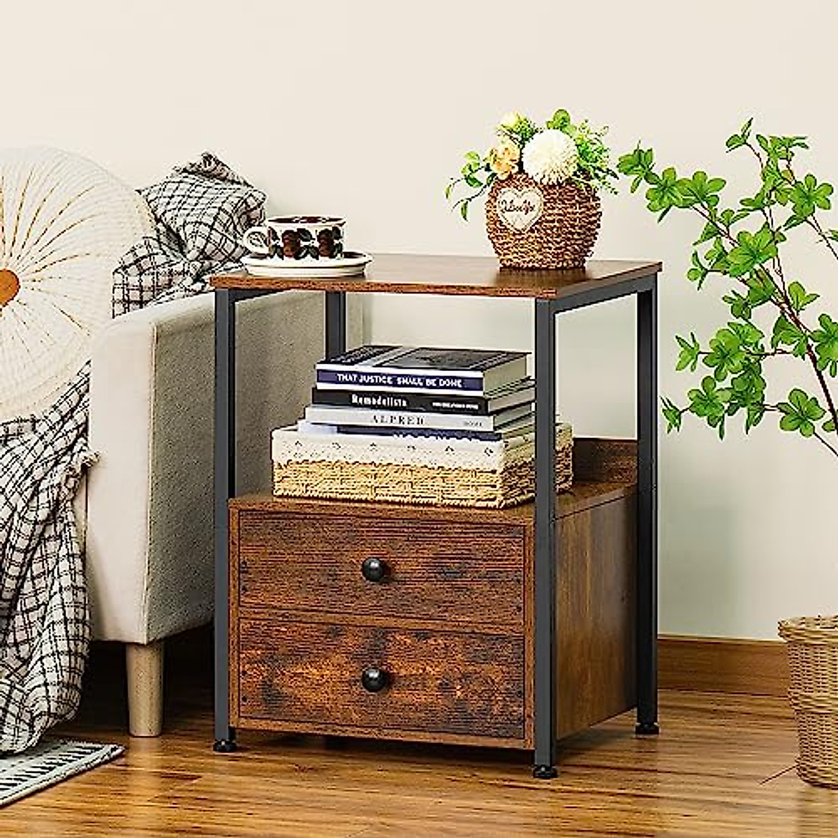 Lerliuo Nightstand, Industrial Bed Side Table with 2 Drawers Storage Open Shelf, Sturdy End Table with Steel Frame, Night Stand for Bedroom, Living Room, Vintage Brown