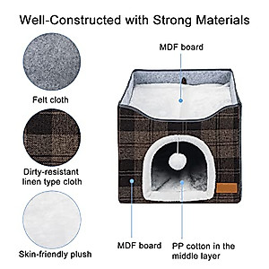 Cat Bed for Indoor Cats, Cat House with Durable Scratching Board and Dangling Toy Ball, Foldable Cat Condo with Reversible Cushions and Large Opening (Coffee)