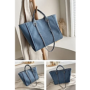 XACKWUERO Women Fashion Classic Canvas Bag Shoulder Handbag Tote Shopper Bag with Chain Shoulder Strap (A Blue)