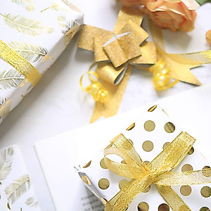 Gift Wrapping Supplies,8 Sheets White Gold Gift Wrapping Paper with 10 Pull Bows 24 Yard Glitter Ribbon and 12 Thank You Lable Sticker for Birthday Gift Wrap Christmas Gift Packing DIY Paper Craft