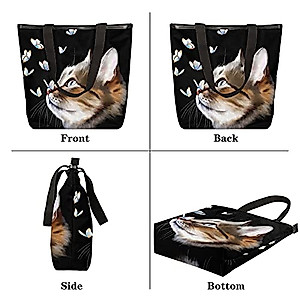 Cat Kitten Canvas Tote Bag for Women Reusable Grocery Bag with Zippered Top Butterfly Grocery Shopping Bags Beach Bag Book Bags Small