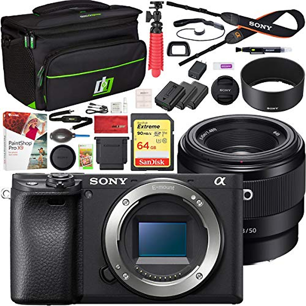 Sony a6400 4K Mirrorless Camera Body ILCE-6400/B with FE 50mm F1.8 Lens Kit Bundle with Deco Gear Travel Case 2X Extra Battery Essential Photography Accessory Set