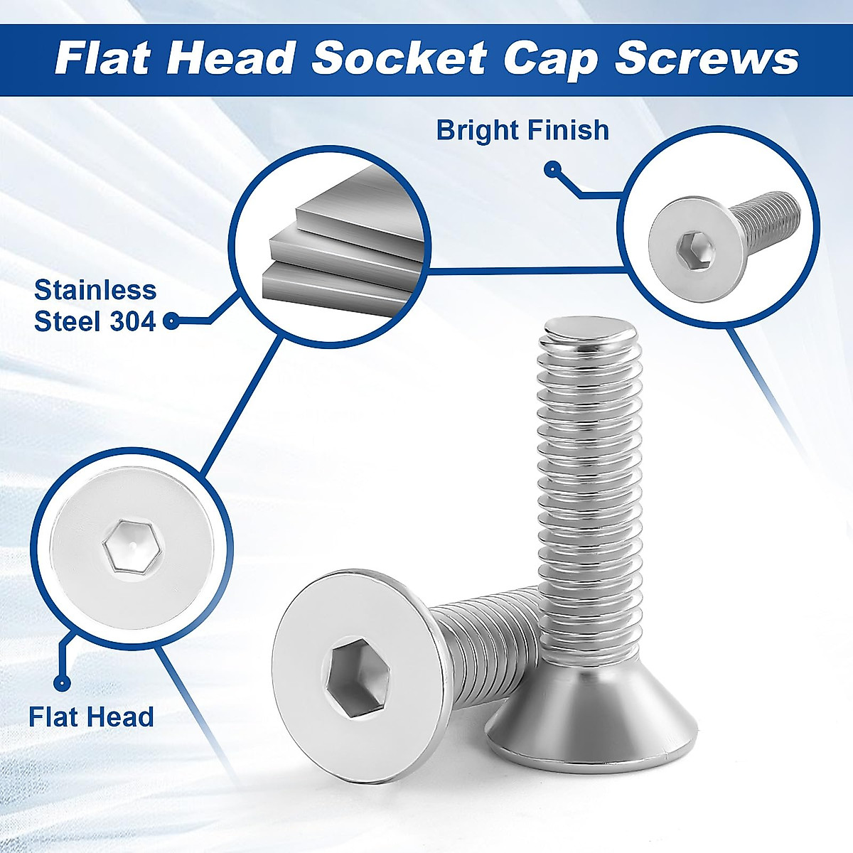 1/4-20 x 1/2" Flat Head Socket Cap Screws Countersunk Bolts, 304 Stainless Steel 18-8, Bright Finish, 25 PCS