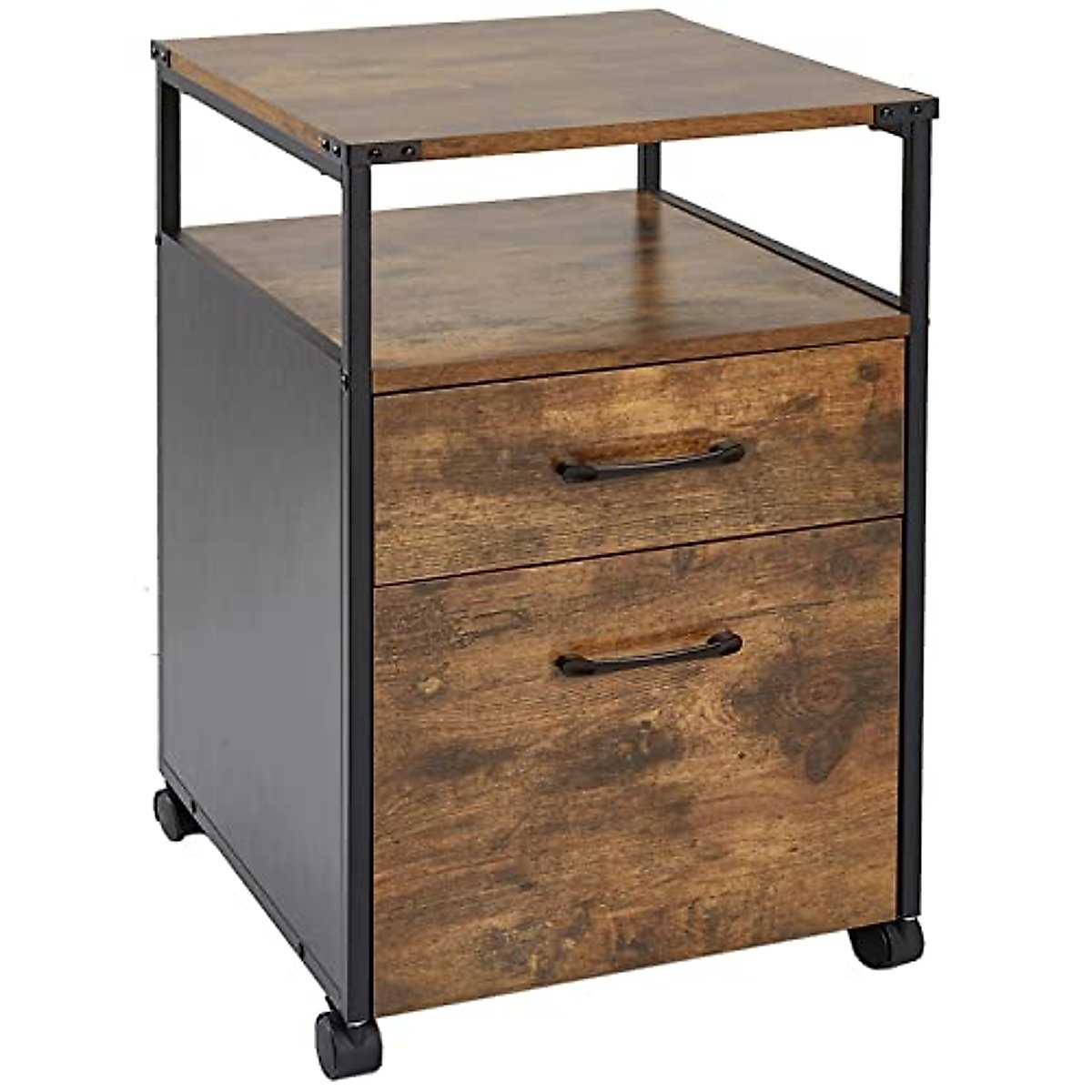 Fameill Rolling Filing Cabinet 2 Drawer File Cabinet Industrial Printer Stand for Home Office Small Under Desk Cabinet with Open Shelf,Storage Cabinet for A4, Letter Size, Rustic Brown