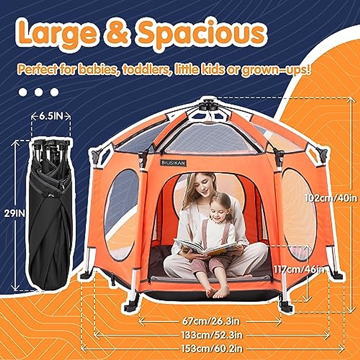 Baby Playpen, BIUSIKAN Premium Portable Baby Beach Tent, Lightweight Pop Up Pack and Play Baby Play Yard with Canopy and Travel Bag, Toddler Playpen for Indoor/Outdoor use - Orange