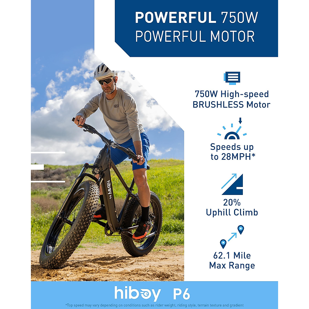 Hiboy P6 Electric Bike for Adults, 28MPH 62.1Miles Range 750W Motor 48V 13Ah Removable Battery Ebike, 26” x 4.0" Fat Tire Electric Mountain Bicycle, Shimano 9 Speed, Hydraulic Suspension, UL Certified