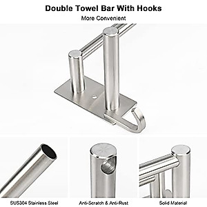 NearMoon Double Towel Bar with Hooks, Bath Accessories Stainless Steel Shower Towel Rack, Towel Rod Holder for Bathroom/Kitchen, Self Adhesive&Wall Mounted Installation (Brushed Nickel, 16 Inch)