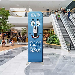 BannerBuzz Hand Sanitizer Automatic Dispenser Floor Stand Kit Touchless Machine Hold Your Hands Fabric Banner+ Stand for Hospital, Home, School, Office - 2 X 6.5 Ft (Single Side Graphic Print)