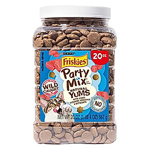 Purina Friskies Natural Cat Treats, Party Mix Natural Yums With Wild Caught Tuna and added vitamins, minerals and nutrients - 20 oz. Canister