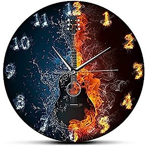 Member's Day Gifts for Women Half Water Half Fire Acoustic Guitar Electric Guitar Wall Clock Musical Instrument Surreal Home Decor Gift for Guitar Players Gifts for Men