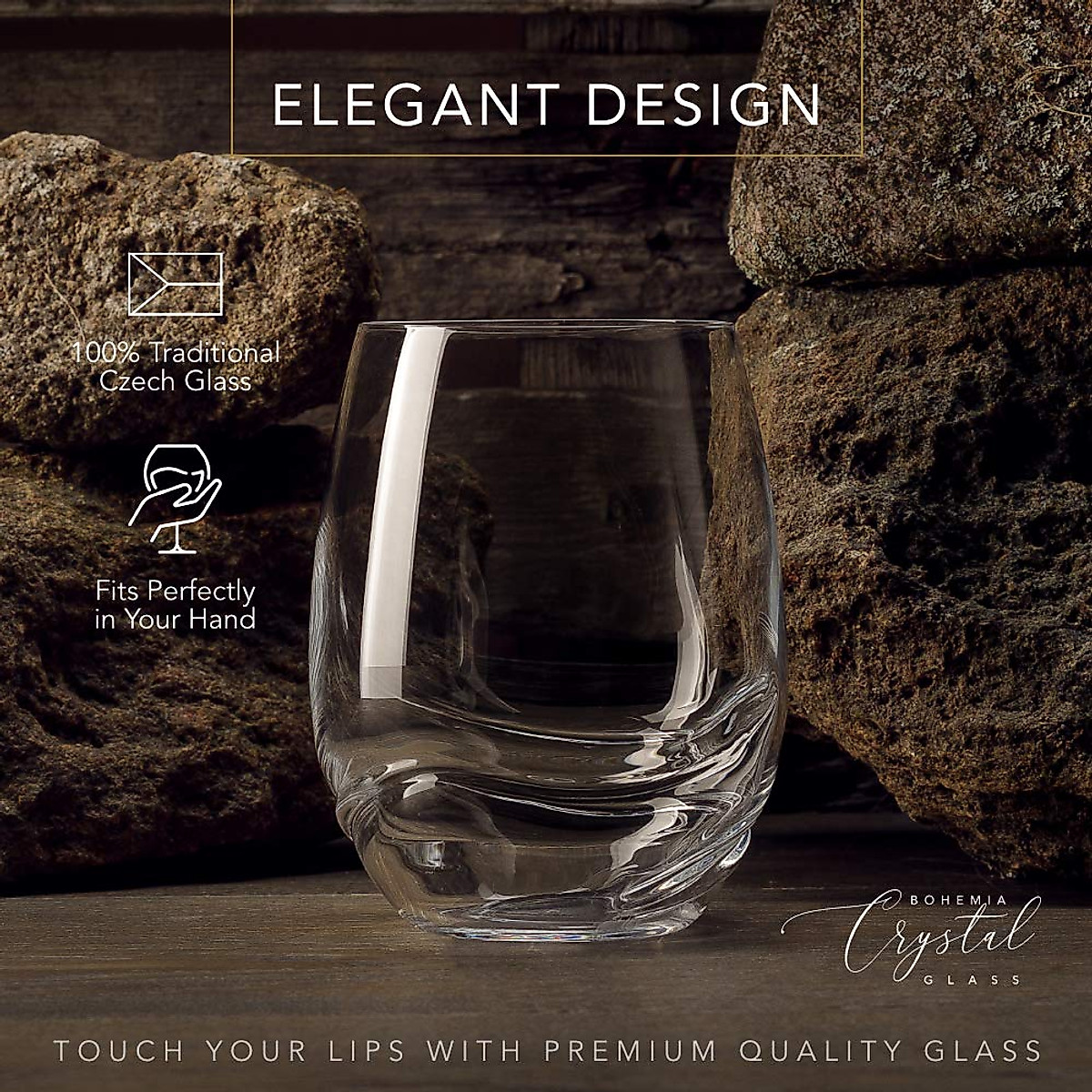 VC VEENU CRYSTAL Tumbler Glasses Set Of 2, Stemless Drinking Elegant Drinkware Glasses Set with Modern Lines, Dishwasher Safe, 100% Lead-Free Glass (16.9 Oz)
