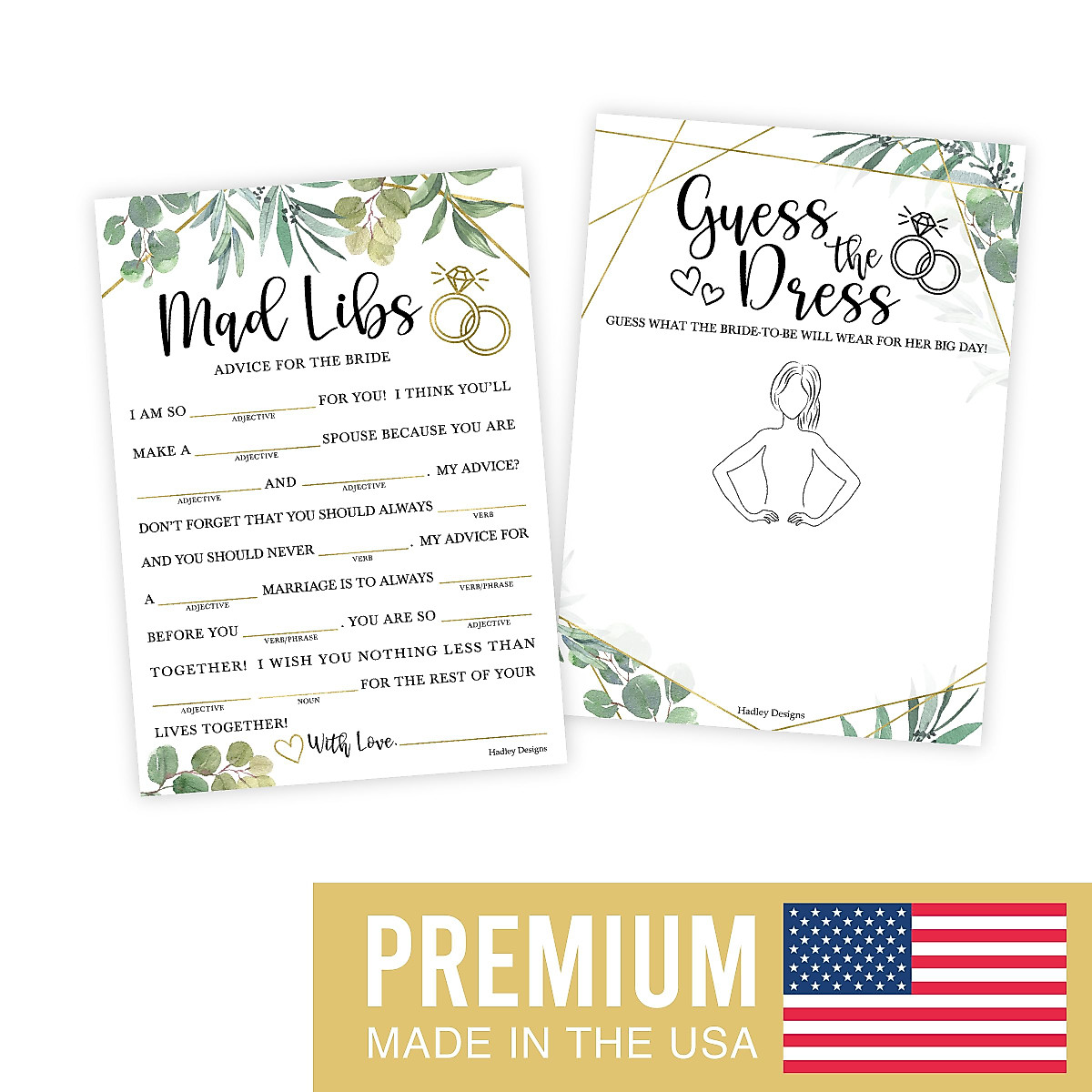 Hadley Designs 20 Greenery Bridal Shower Games For Guests - Hilarious Bridal Shower Games 20 Guests, Couples Wedding Shower Games, Guess The Dress Set, Advice Cards For Bridal Shower Mad Libs