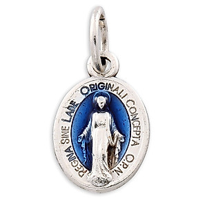 Catholica Shop Our Lady of Grace Mini Miraculous Medal Pendant - Silver Tone with Blue Enamel - Made in Italy. Pack of 12 Units.
