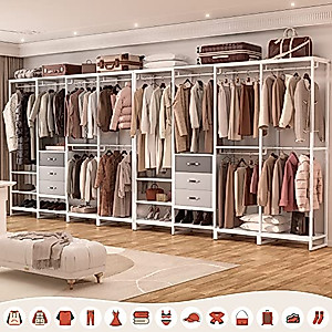 Aheaplus Wood Clothes Rack Wardrobe Closet for Hanging Clothes Heavy Duty Garment Rack, Large Corner L Shaped Closet System Organizers Walk-in Closet for Bedroom with 11 Shelves, 3 Wood Drawers, White