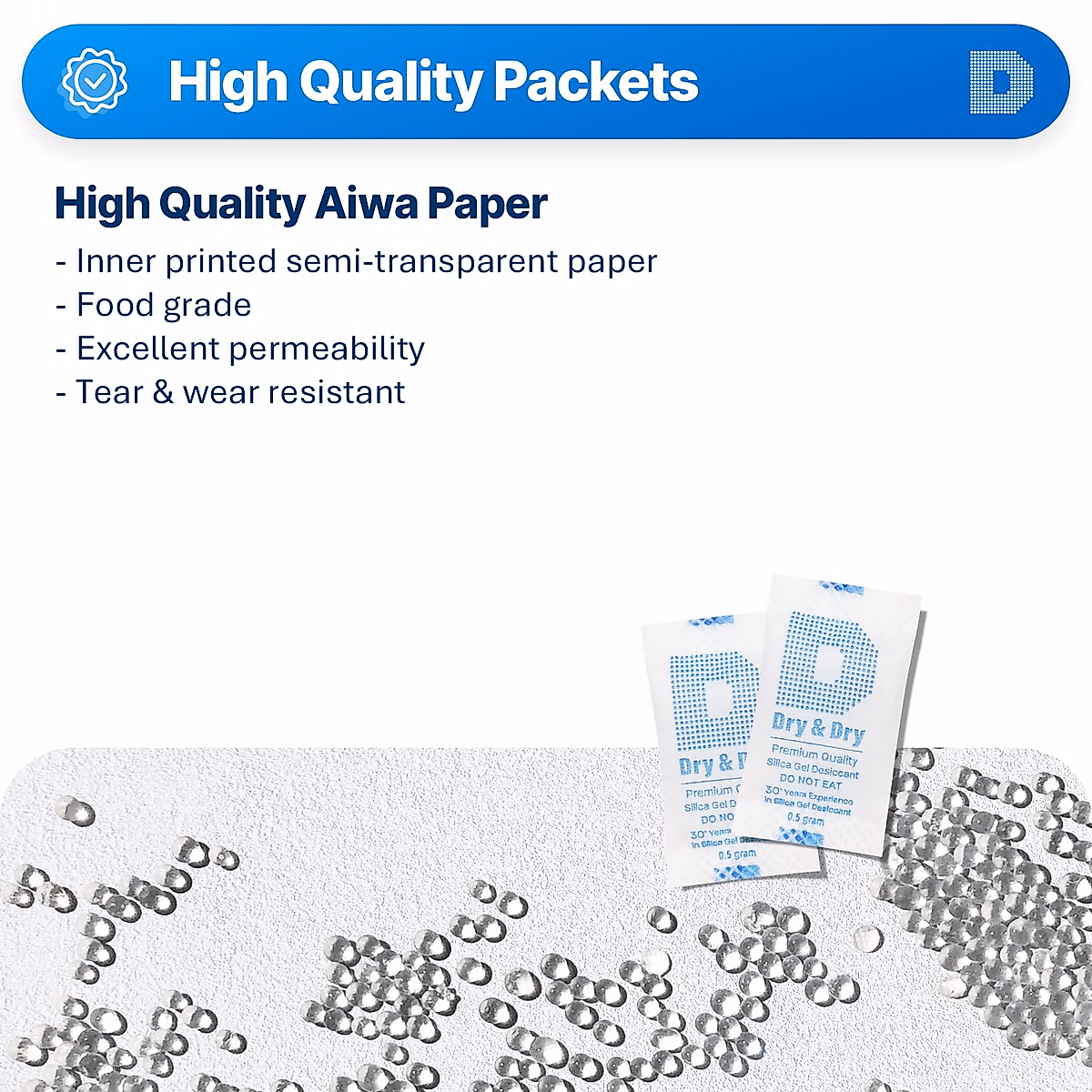 Dry & Dry 0.5(Half) Gram [100 Packets] Silica Gel Packets Desiccants Silica Gel Packs - Food Safe Silica Packets Silica Gel Desiccant Packs for Storage