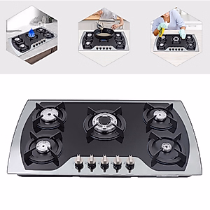 36" Gas Cooktop LPG/NG, 5 Burners Gas Stove Gas Hob Stovetop, Built-in Gas Stove Top, Thermocouple Protection, Stainless Steel Gas Hob with Power Boil, Simmer, Continuous Grates, 5 Burner Silver