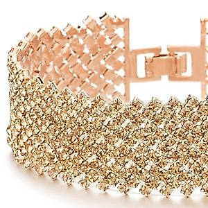 COOLSTEELANDBEYOND Sparkling Womens Champagne Gold Rhinestones Pave Cluster Wide Rose gold Bangle Bracelet, Bling Bling
