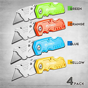 M MEEPO Box Cutter, 4-Pack Tough Folding Box Cutter for Heavy Duty Purpose, Razor Sharp Blade, Comfortable Handle, with Extra 10-Piece Blades, Can cut Drywall, Sheet Plastic, Linoleum, Boxes, Rope