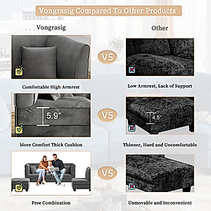 Vongrasig 5 Pieces Sectional Couch Modular Sofa with Reversible Chaise 116" Velvet L-Shaped Couch Sofa 4-seat Modular Large Sectional Couch with Ottoman for Living Room, Upholstered Cushion (Grey)