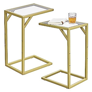 Homhedy C Shaped End Table Set of 2,Tempered Glass with Metal Frame, Small Side Tables for Living Room, Bedroom, TV Tray Table for Small Space, Modern Style, Golden