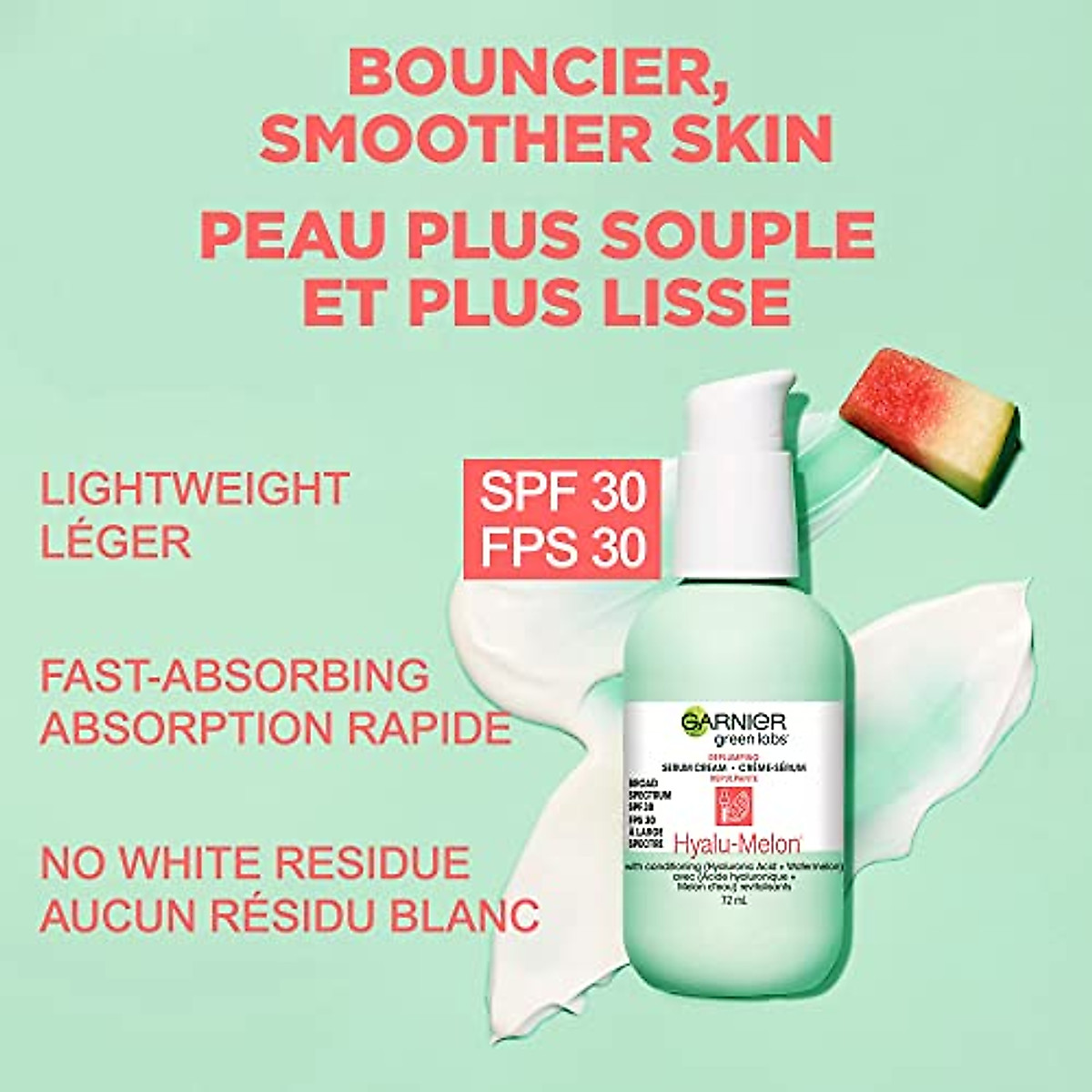 Garnier Green Labs Hyalu-Melon 3-in-1 Replumping Serum Cream with Hyaluronic Acid, 24h Moisture + Serum + SPF 30, 2.4 Fl Oz (72mL), 1 Count (Packaging May Vary)