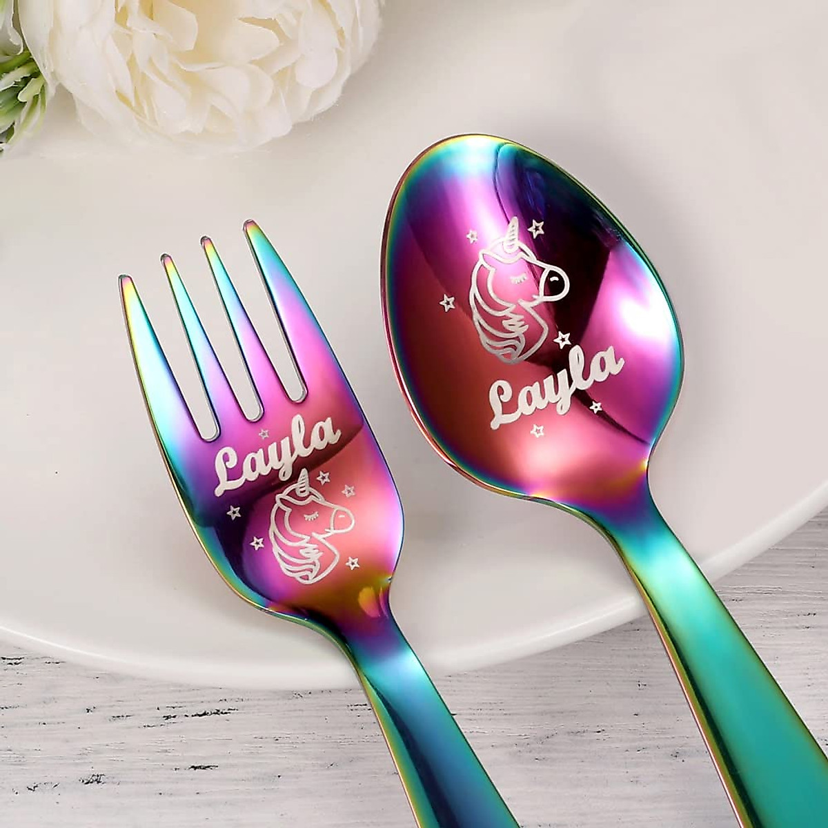Personalized Dinosaur Unicorn Cutlery Set - Custom Name Engraved Spoon Knife Fork Set - Children's Stainless Steel Cutlery Set for Kitchen Kids