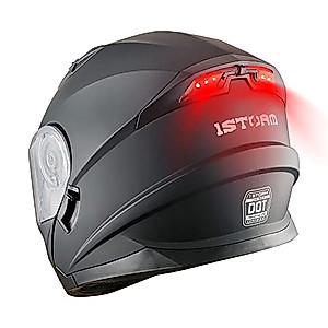 1Storm New Motorcycle Bike Modular Full Face Helmet Dual Visor Sun Shield with LED Tail Light + Motorcycle Bluetooth Headset: Matt Black