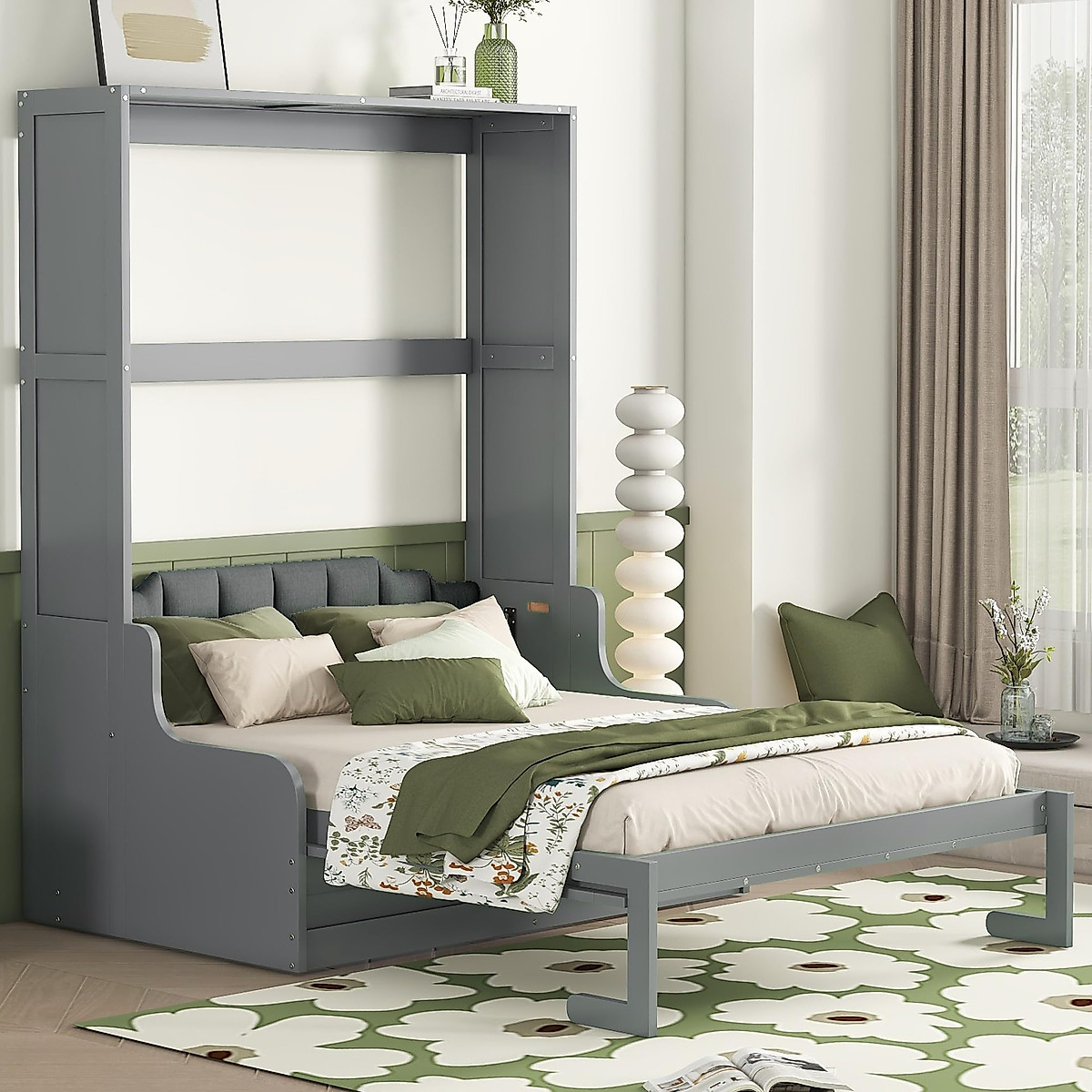 Merax Queen Size Murphy Bed, Wooden Queen Murphy Bed Wall Bed with Cushion, for Home Office or Small Room, Gray