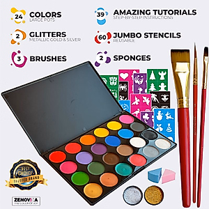 Zenovika Face Paint Kit for Kids - 60 Jumbo Stencils, 15 Large Water Based Paints, 2 Glitters - Halloween Makeup Kit, Professional Face Paint Palette, Safe for Sensitive Skin, Face Painting Book