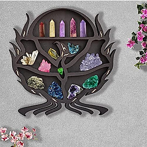 Crystal Shelf Display Crescent Moon Rack Witchy Crystal Holder for Stones Essential Oils Essentials Shelves Wall Decor Rustic Wooden Display Boho Meditation Home Decor (Model8 -Tree)