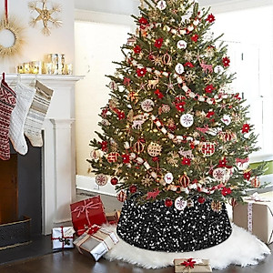 FANPROMS Black Christmas Tree Collar 23.6 Inches Diameter Base Glittery Sequins Xmas Tree Ring for Rustic Artificial Tree Skirt Woven Tree Bark Collar Thick Velvet Tree Cover Supply